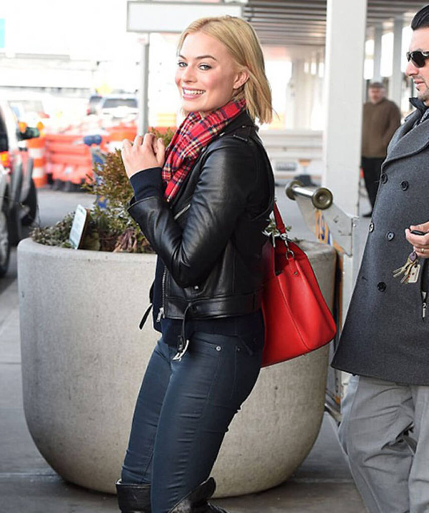 Margot Robbie Black Biker Leather Jacket 8528