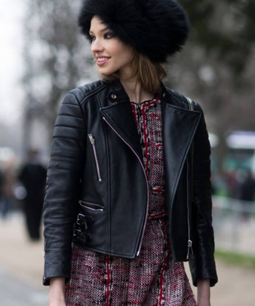 Sasha Luss Black Biker Leather Jacket