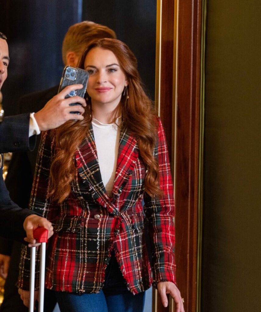 Lindsey Lohan Falling for Christmas Wool Check Coat