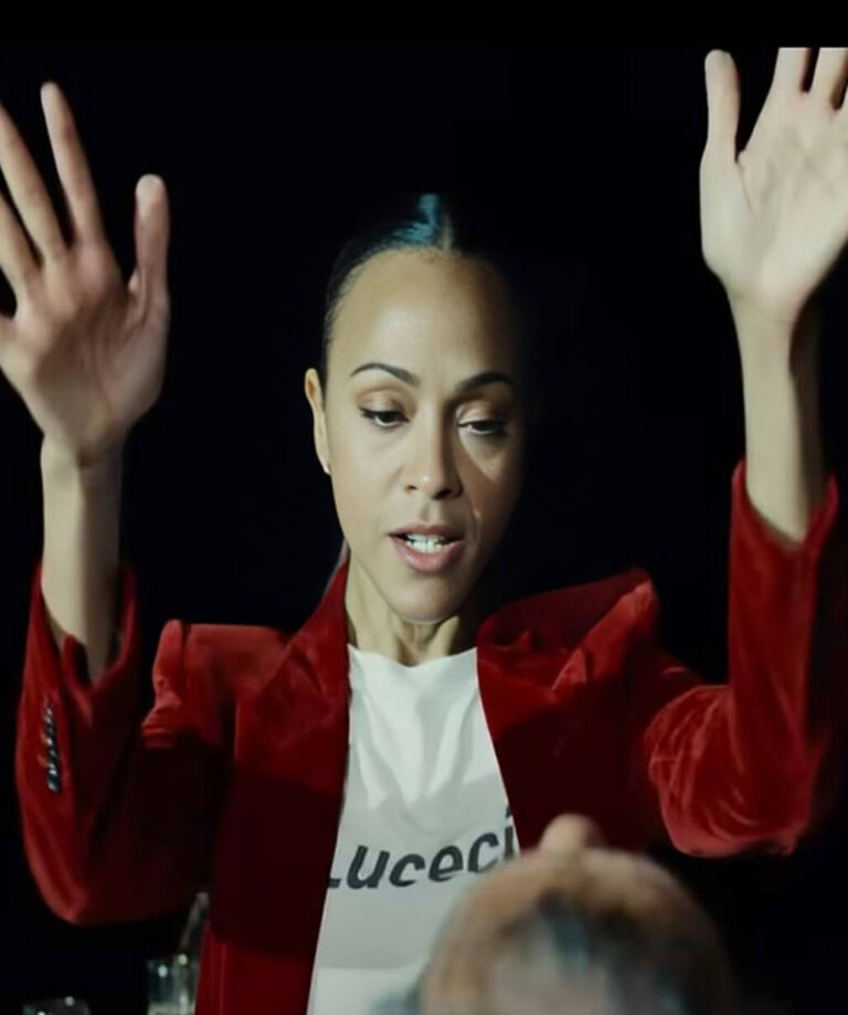 Zoe Saldana Emilia Pérez 2024 Rita Mora Red Velvet Blazer