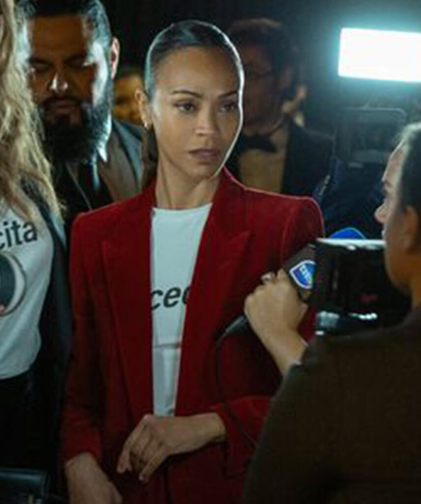 Zoe Saldana Emilia Pérez 2024 Rita Mora Red Velvet Blazer