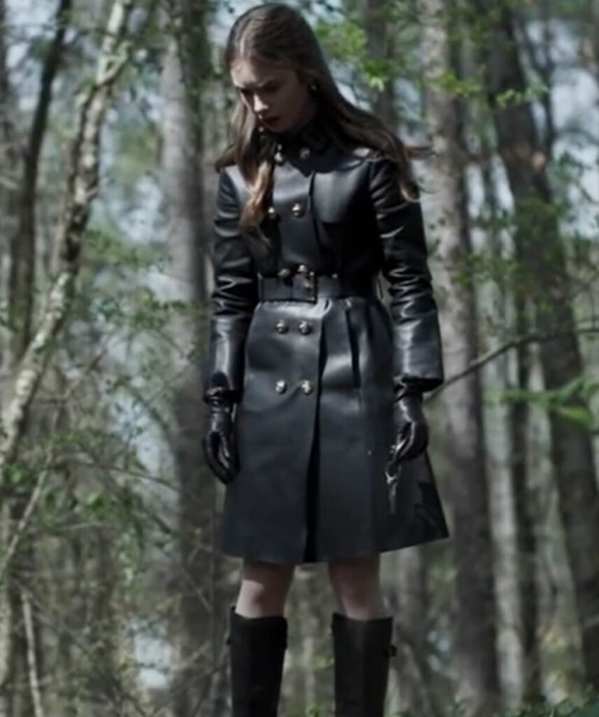 Lily Collins Inheritance 2020 Lauren Monroe Black Leather Coat
