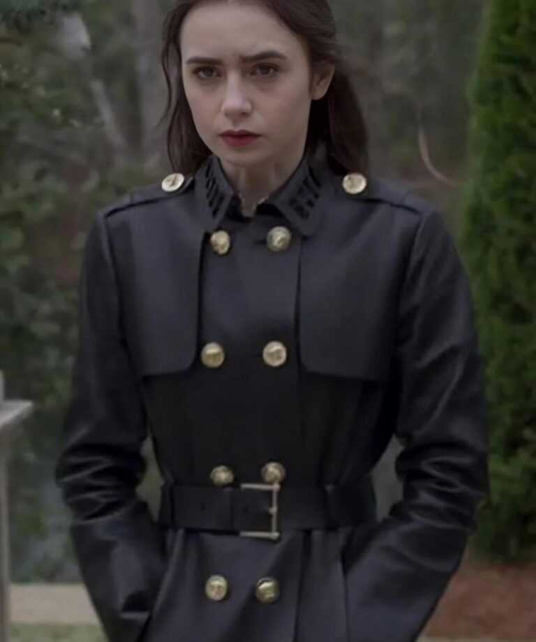 Lily Collins Inheritance 2020 Lauren Monroe Black Leather Coat