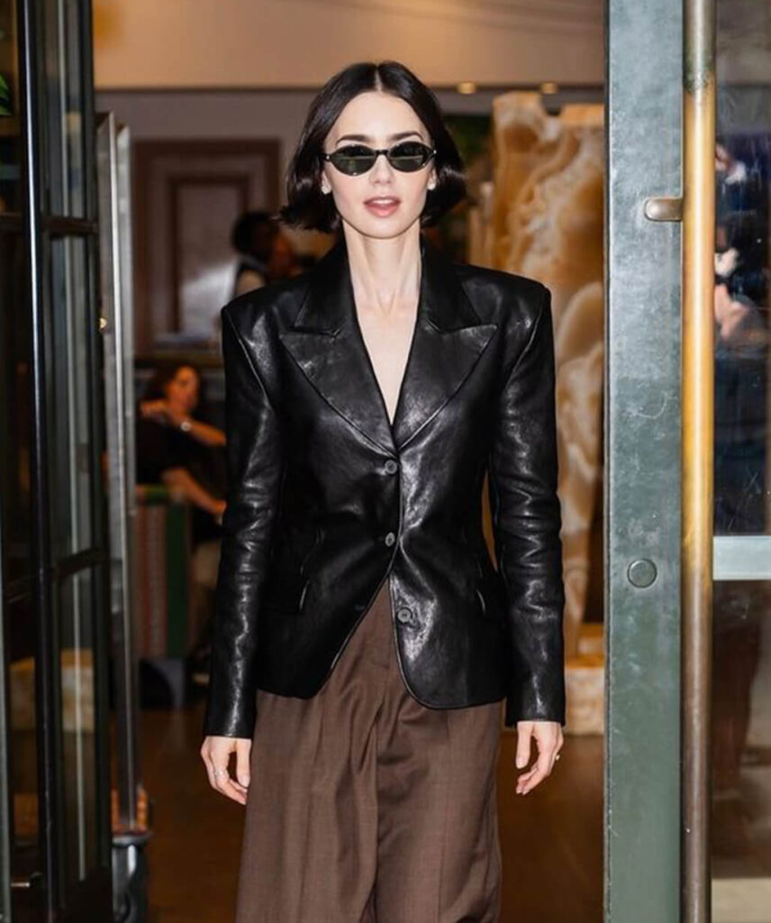 Lily Collins Black Leather Blazer