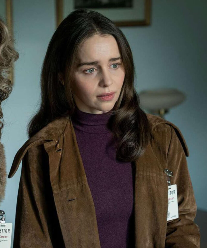 Emilia Clarke Ponies 2026 Bea Brown Suede Coat